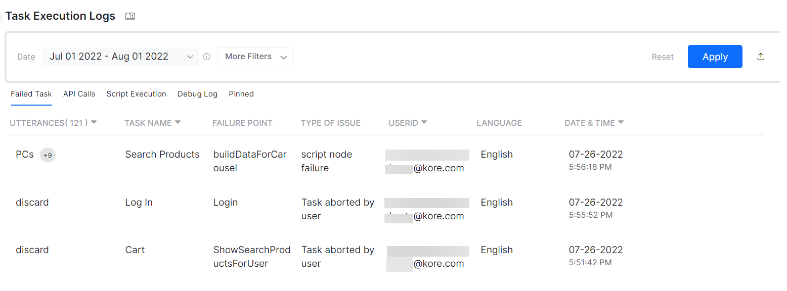 Task Execution Logs - Kore.ai Documentation V10.1
