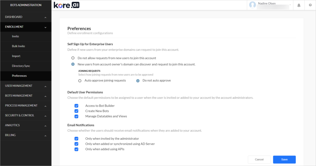 Enrollment Preferences - Kore.ai Documentation V10.1