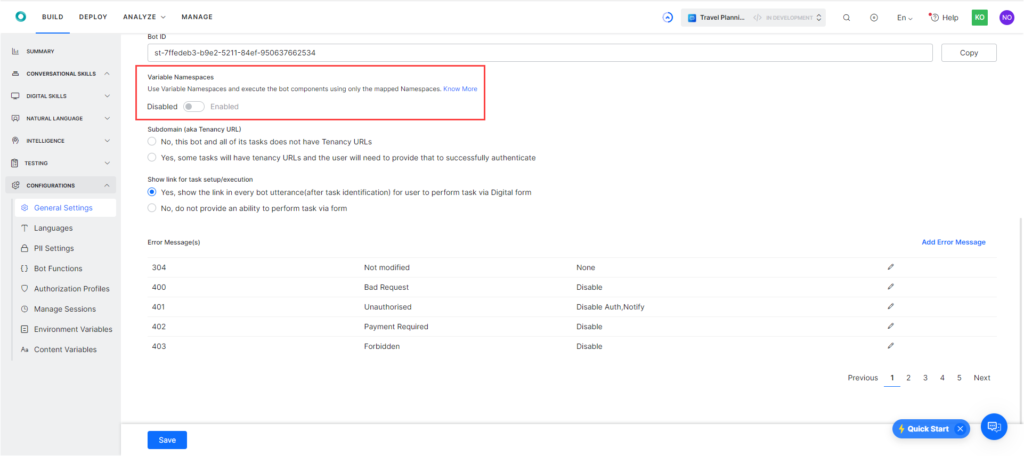 Managing Namespace - Kore.ai Documentation V10.2