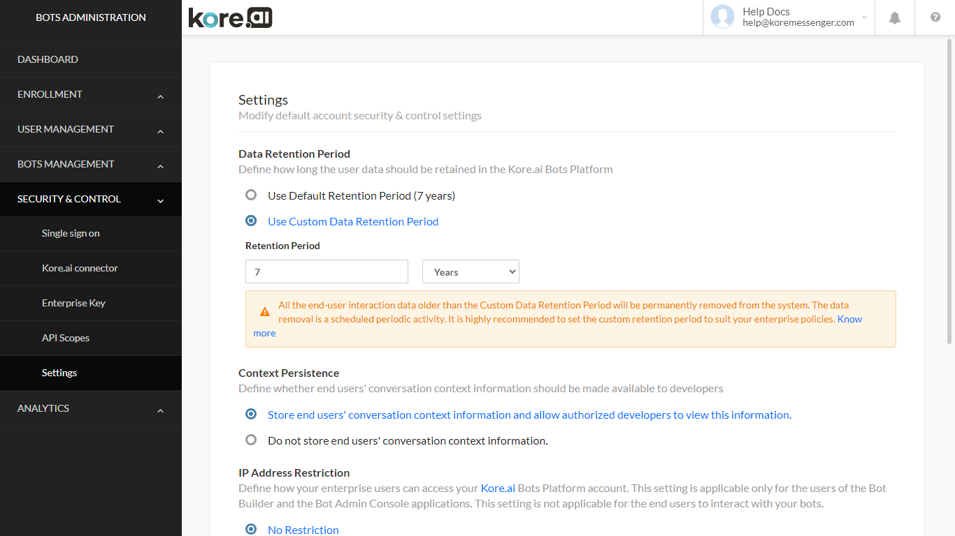Security Settings - Kore.ai Documentation v9.0