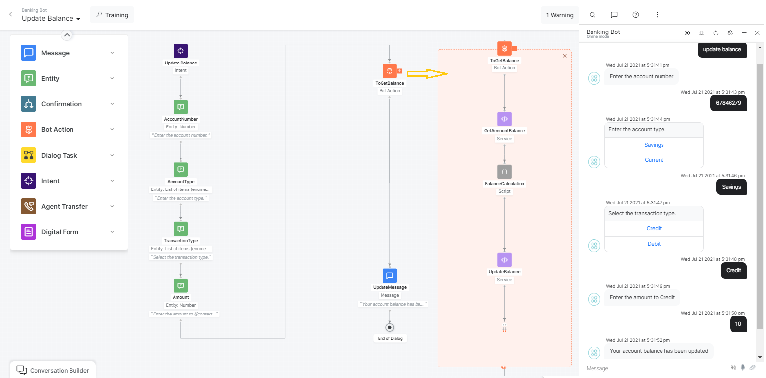 Banking Bot - Update Balance - Kore.ai Documentation v9.0