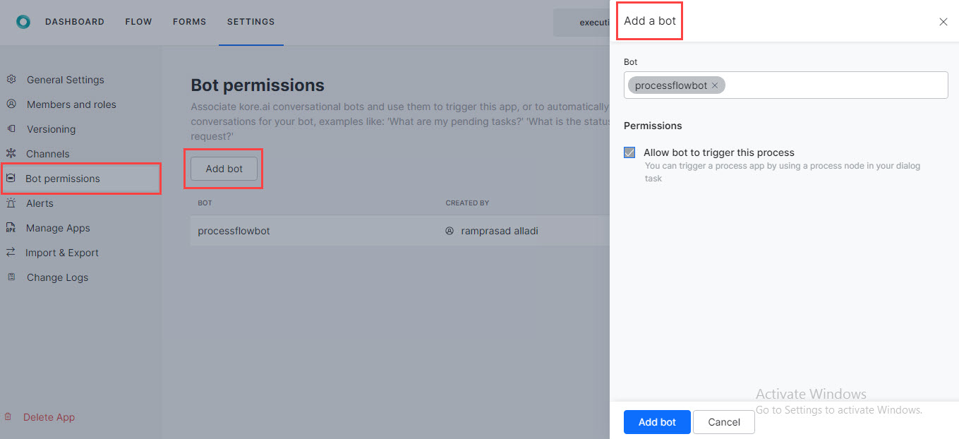 How to Add Bot Permissions to let Bot Trigger the Process App? - Kore.ai Documentation v9.0