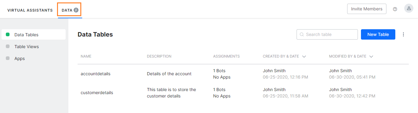 Data Table - Kore.ai Documentation v9.0