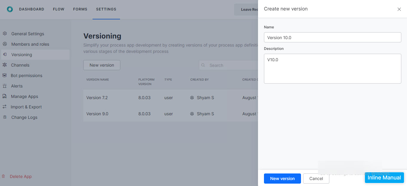 How to Create or Restore a Version of the Process App? - Kore.ai Documentation v9-1