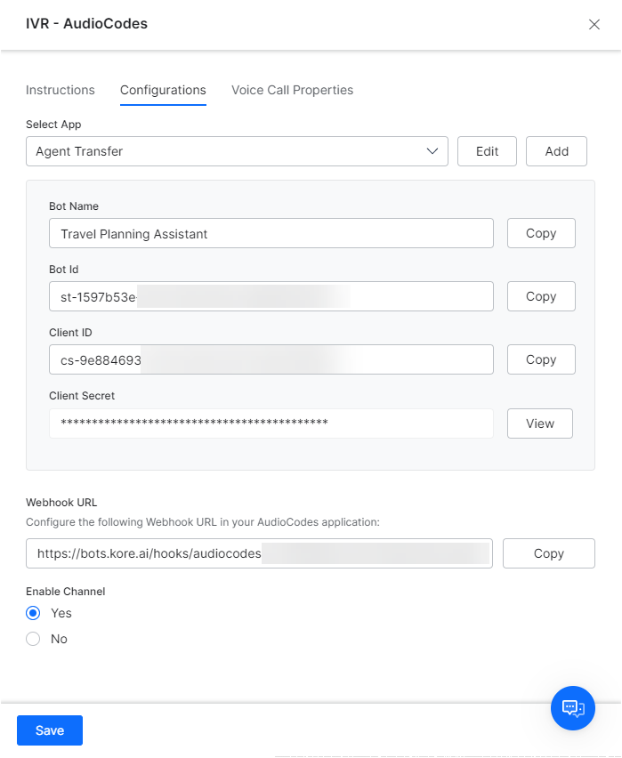 Adding the IVR-AudioCodes Channel - Kore.ai Documentation