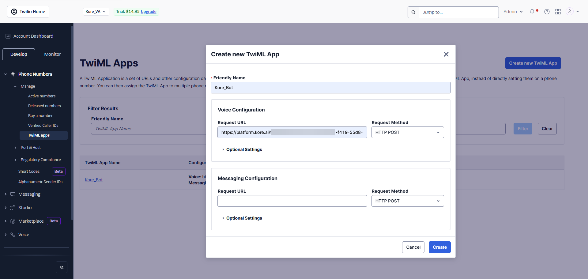 Adding the Twilio Voice Channel - Kore.ai Documentation